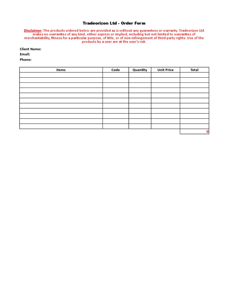 TRADE ORIZON Order Form | PDF