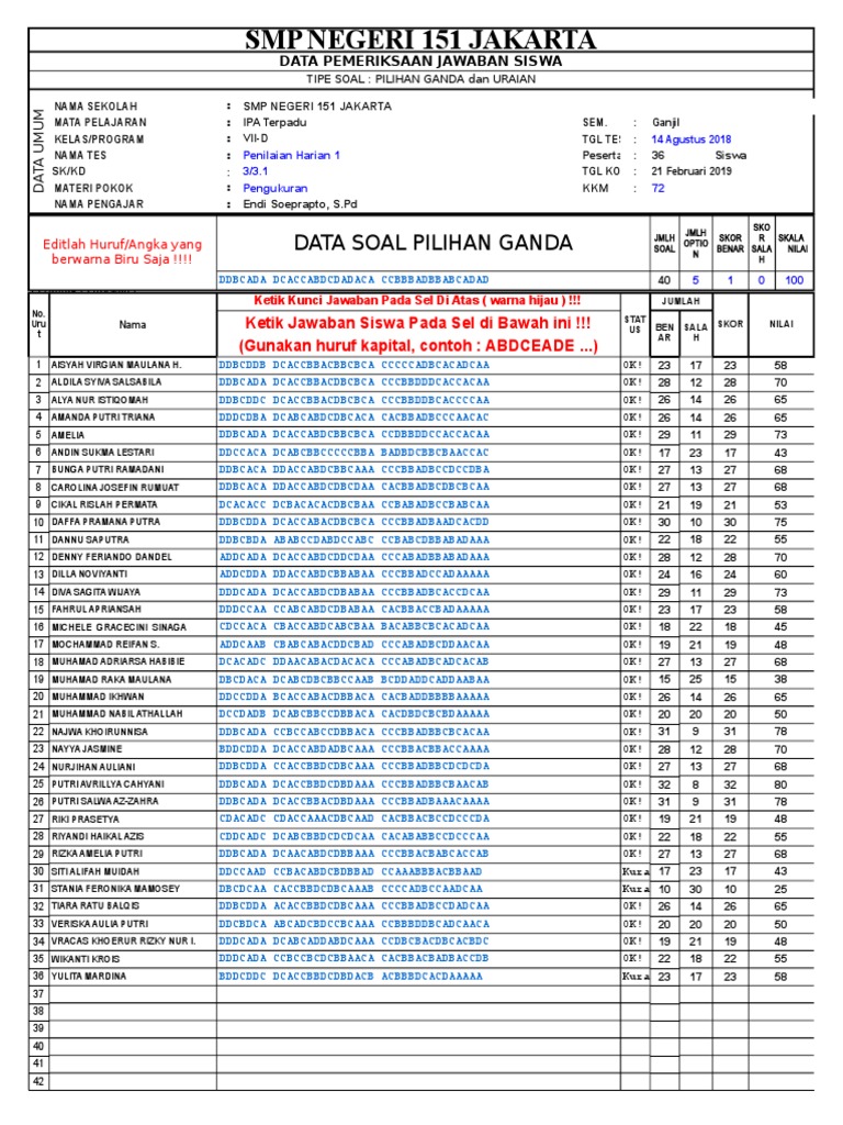 SMP Negeri 151 Jakarta: Data Soal Pilihan Ganda | PDF