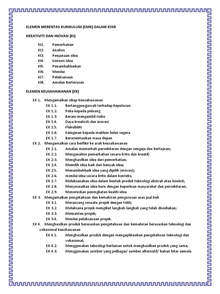 Elemen Merentas Kurikulum (Emk) Dalam KSSR Kreativiti Dan Inovasi (Ki ...
