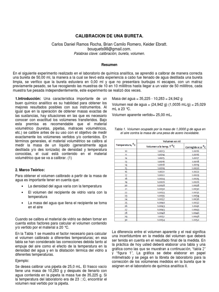 Calibración de Bureta en Química Analítica | PDF | Calibración | Densidad