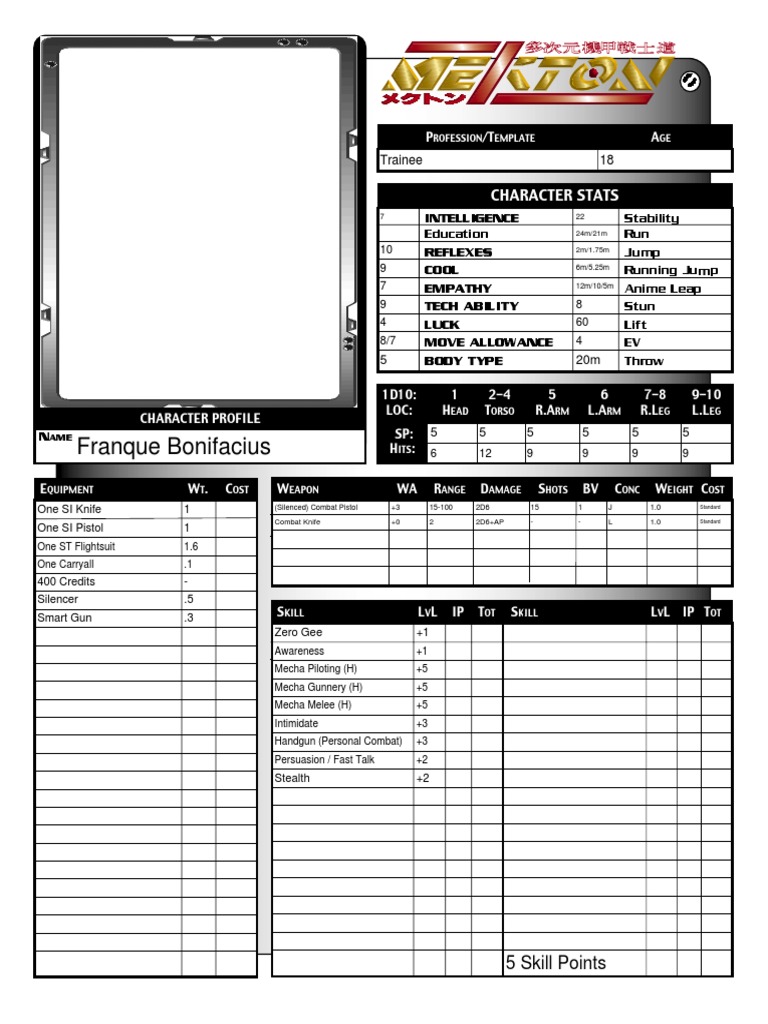 Mekton Zeta - Character Sheet PDF | PDF | Firearms | Projectile Weapons