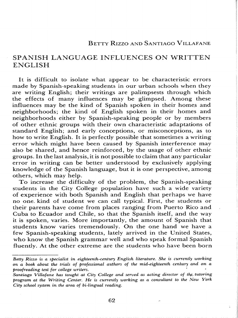 Spanish Language Influences On Written English: Betty Rizzo and ...