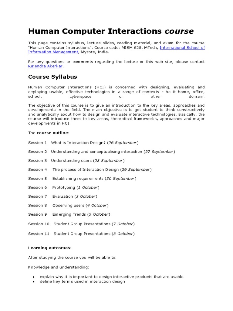 HCI Course Outline PDF | PDF | Human–Computer Interaction | Test ...