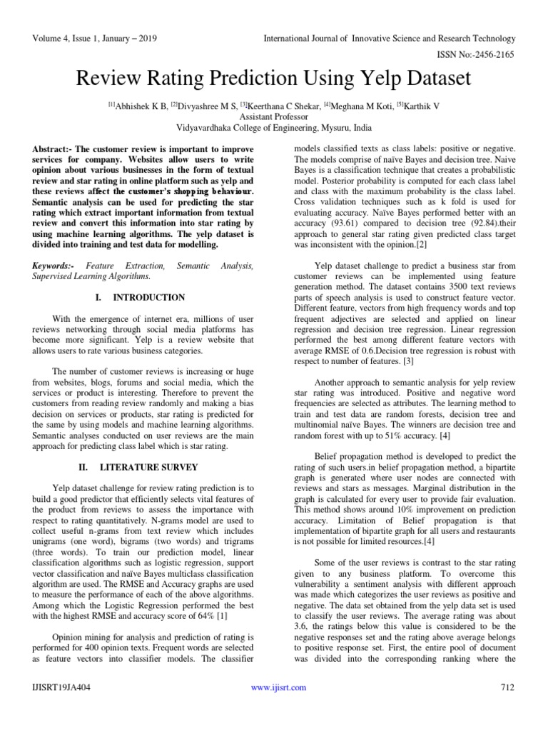 Review Rating Prediction Using Yelp Dataset Pdf Statistical Classification Machine Learning