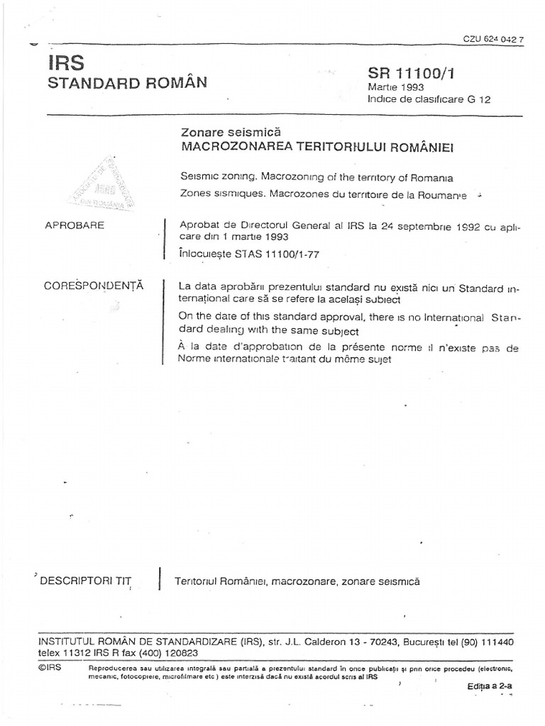 SR 11100 1 1993 Zonare Seismica Macrozonarea Teritoriului Romaniei PDF ...