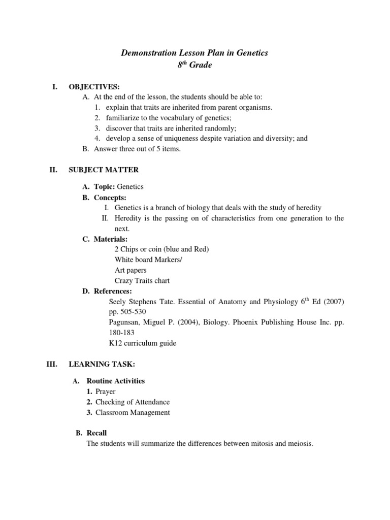 Demonstration Lesson Plan in Genetics 8 Grade: I. Objectives | PDF ...
