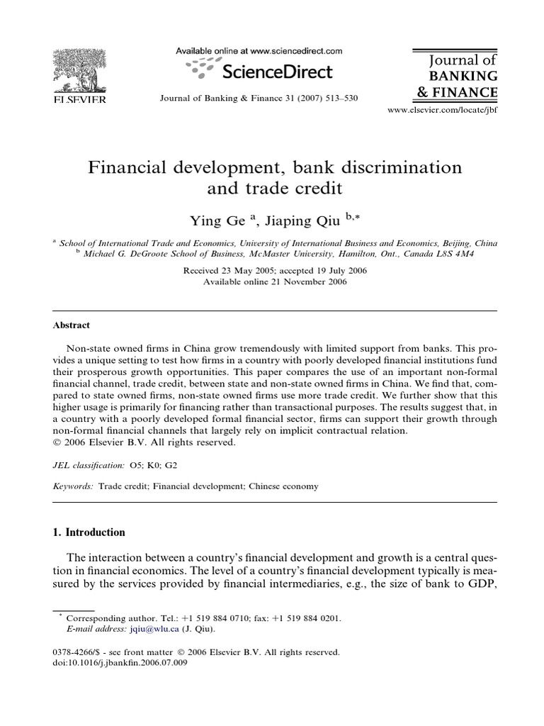 Financial Development, Bank Discrimination and Trade Credit: Ying Ge ...