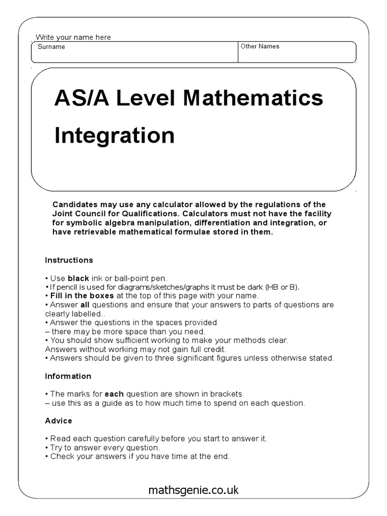 AS/A Level Mathematics Integration: Mathsgenie - Co.uk | PDF | Integral ...