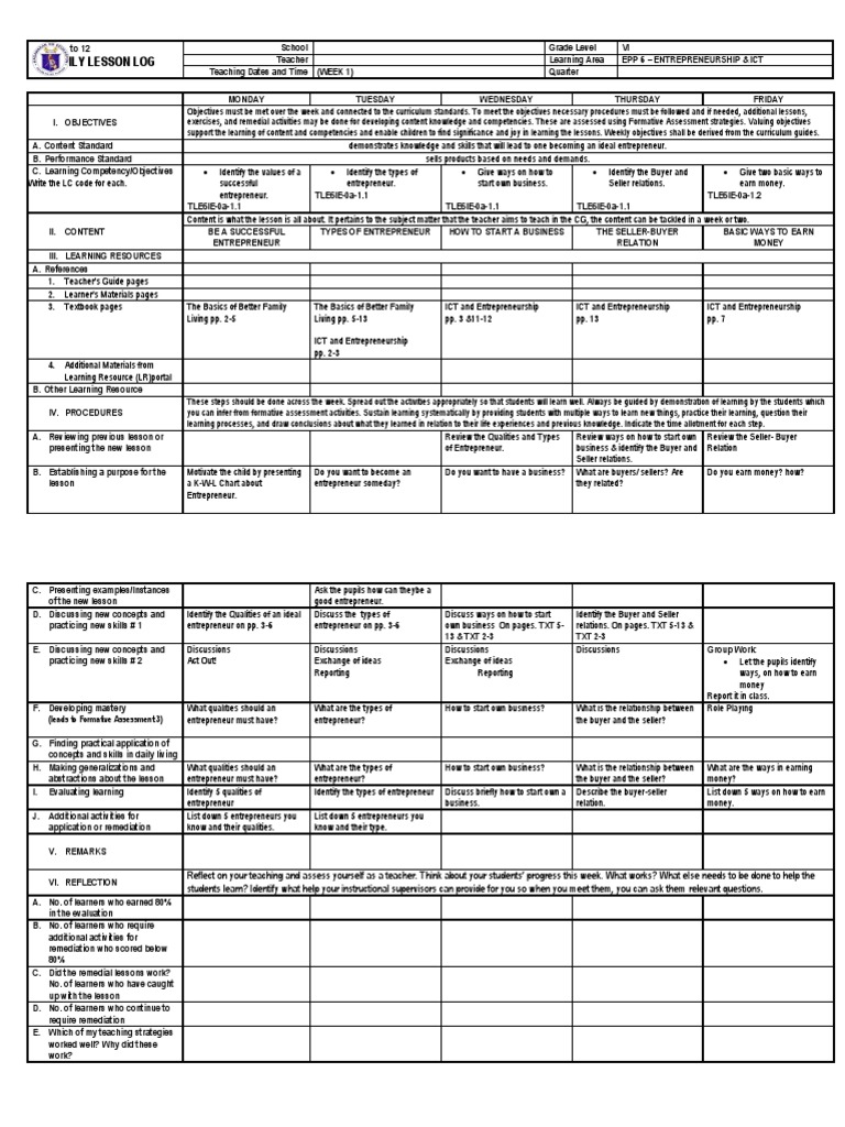DLL Tle6-Entrep & Ict WK 1-10 | PDF | Educational Technology ...