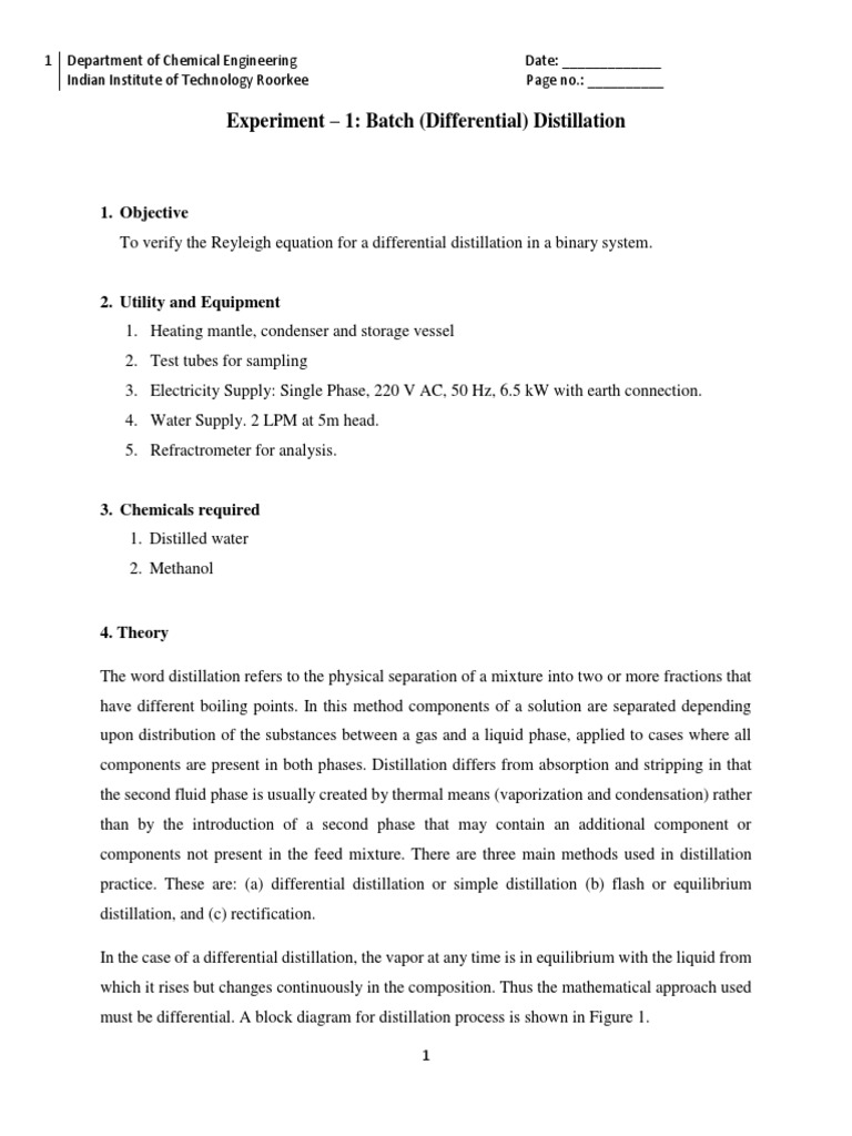 Experiment - 1: Batch (Differential) Distillation: 1. Objective | PDF | Distillation | Solubility