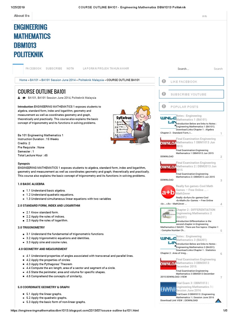 COURSE OUTLINE BA101 - Engineering Mathematics DBM1013 Politeknik | PDF | Trigonometric ...