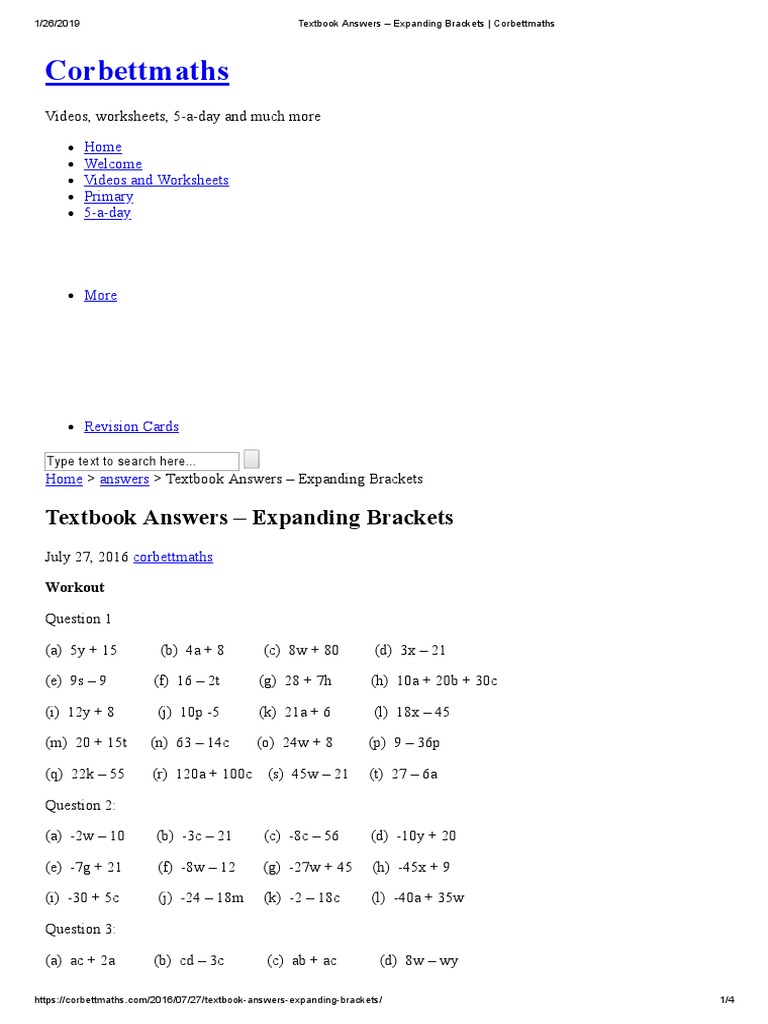 Textbook Answers Expanding Brackets Corbettmaths PDF Communication