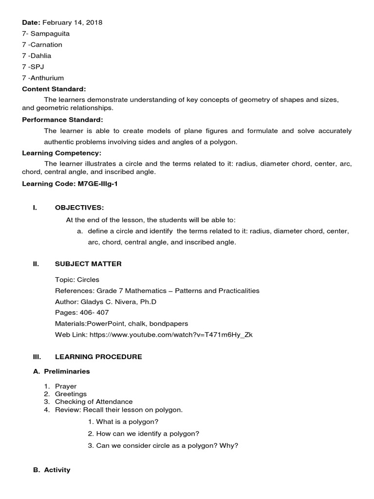 Grade 7 Circle Lesson Plan | PDF | Circle | Angle