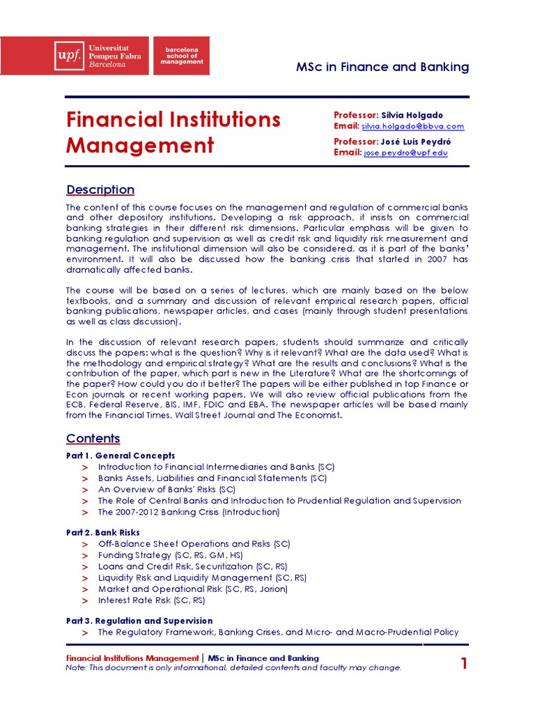 Financial Institutions Management: MSC in Finance and Banking | PDF ...