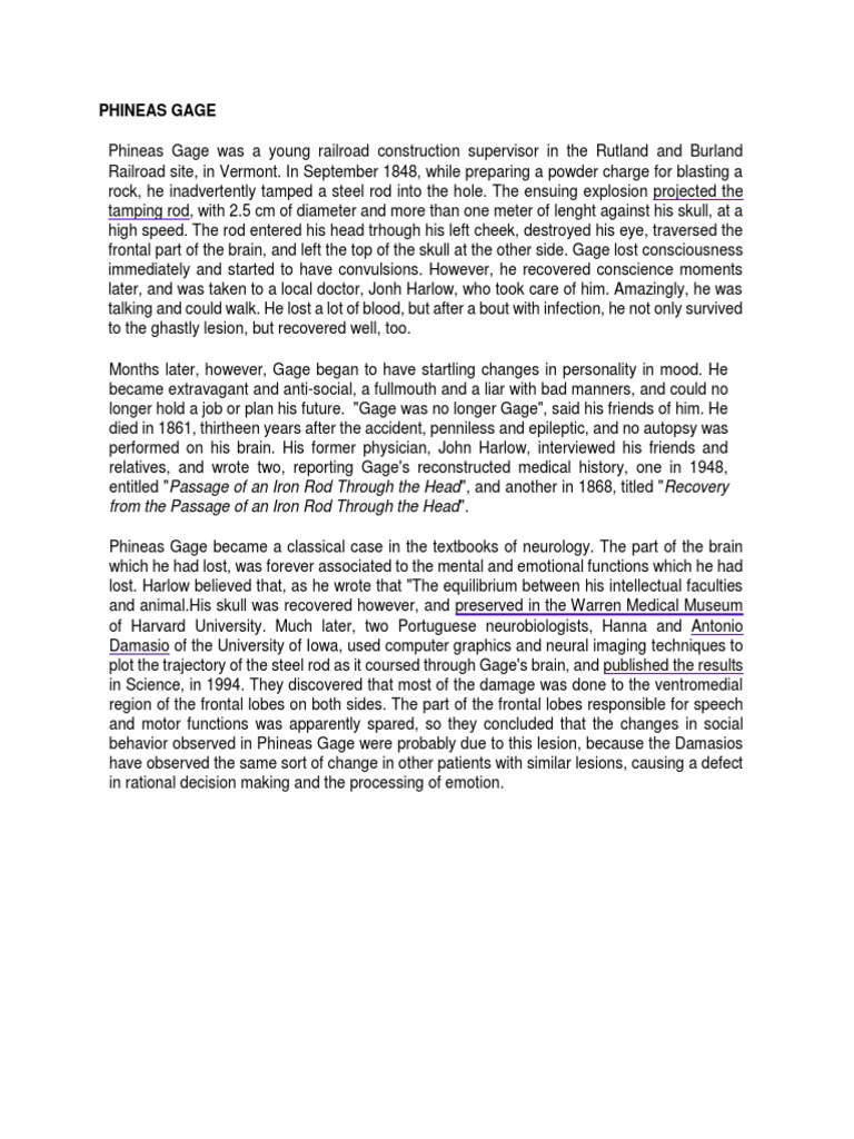 Phineas Gage: From The Passage of An Iron Rod Through The Head" | PDF ...