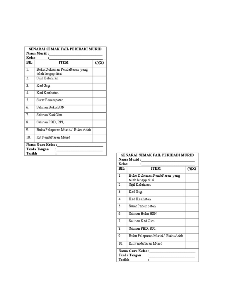 Senarai Semak Fail Peribadi Murid | PDF