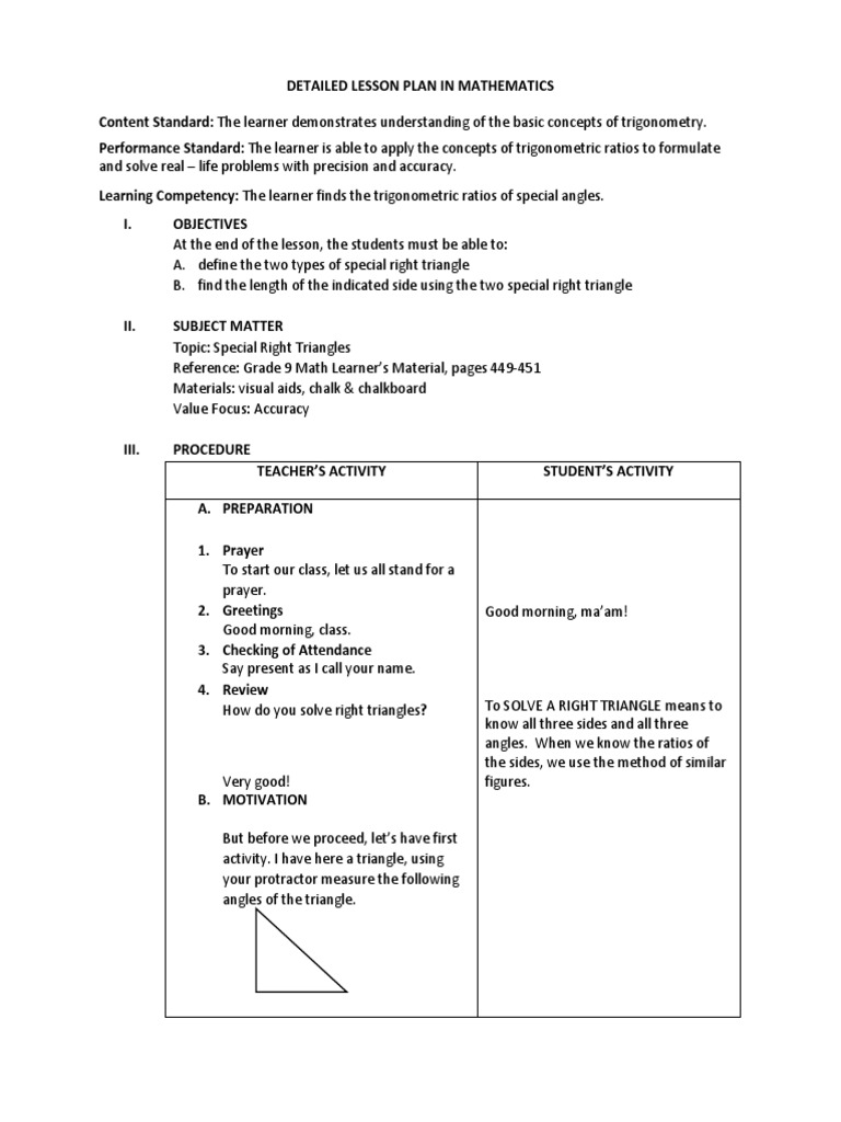 Special Right Triangles Lesson Plan | PDF | Triangle | Trigonometric ...