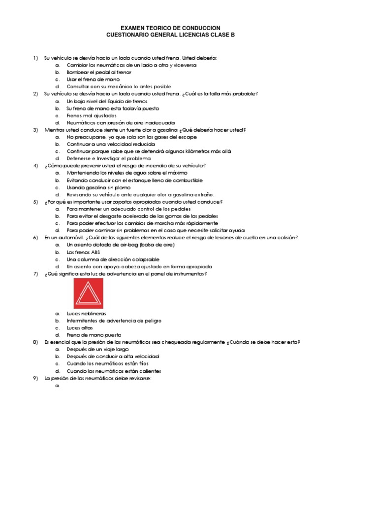 Examen Teorico para Licencia de Conducir Clase B Chile | PDF ...