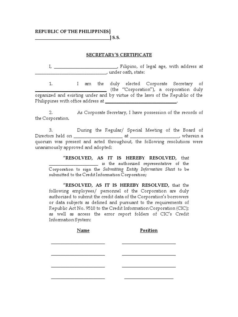 Corporate Secretary's Certificate Sample | PDF | Corporations ...
