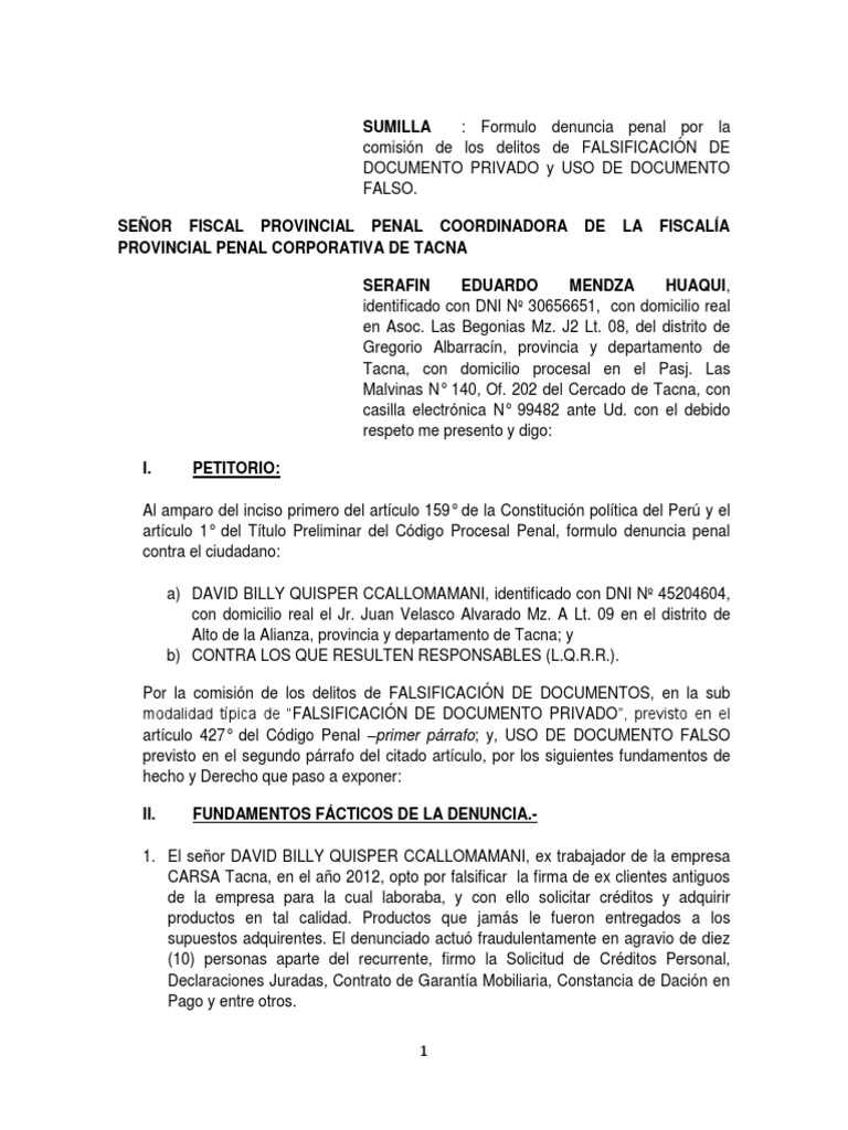 Denuncia Por Falsificacion de Firma /uso de Documento Falso | PDF ...