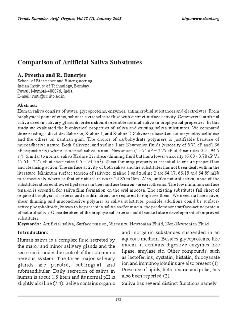 Comparison of Artificial Saliva Substitutes: A. Preetha and R. Banerjee ...