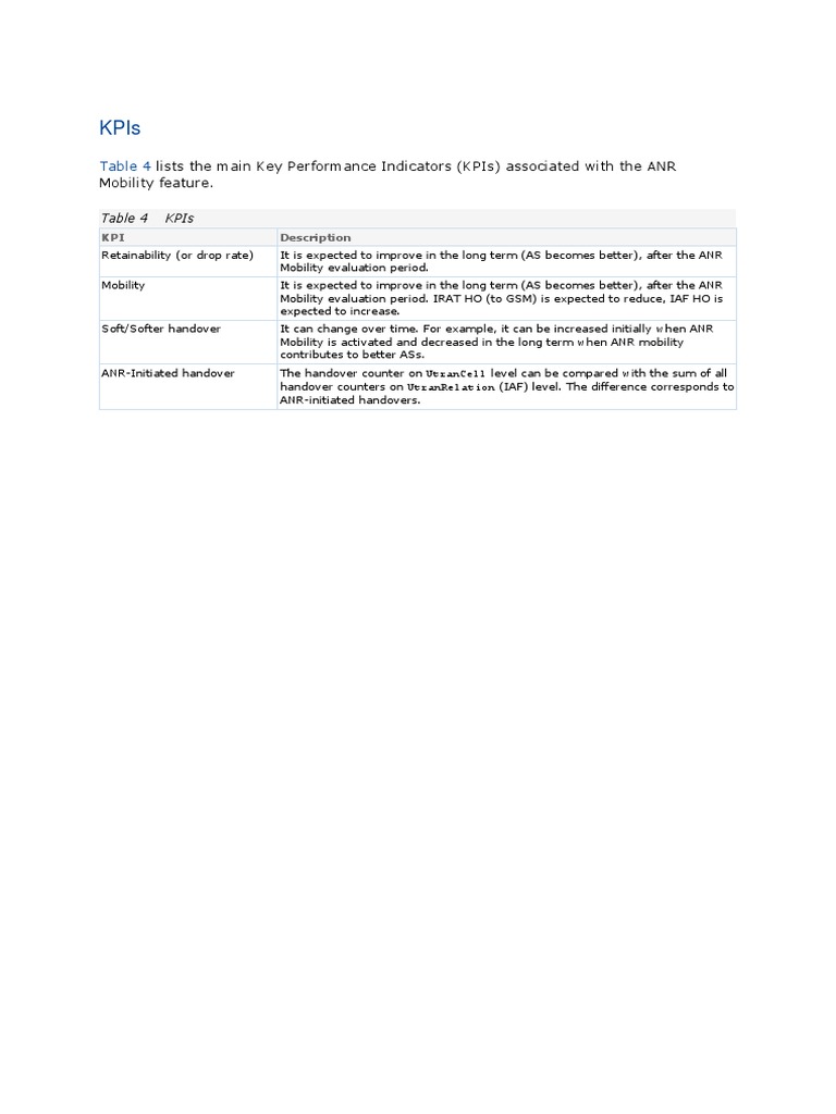 Table 4: Lists The Main Key Performance Indicators (Kpis) Associated With The Anr Mobility ...