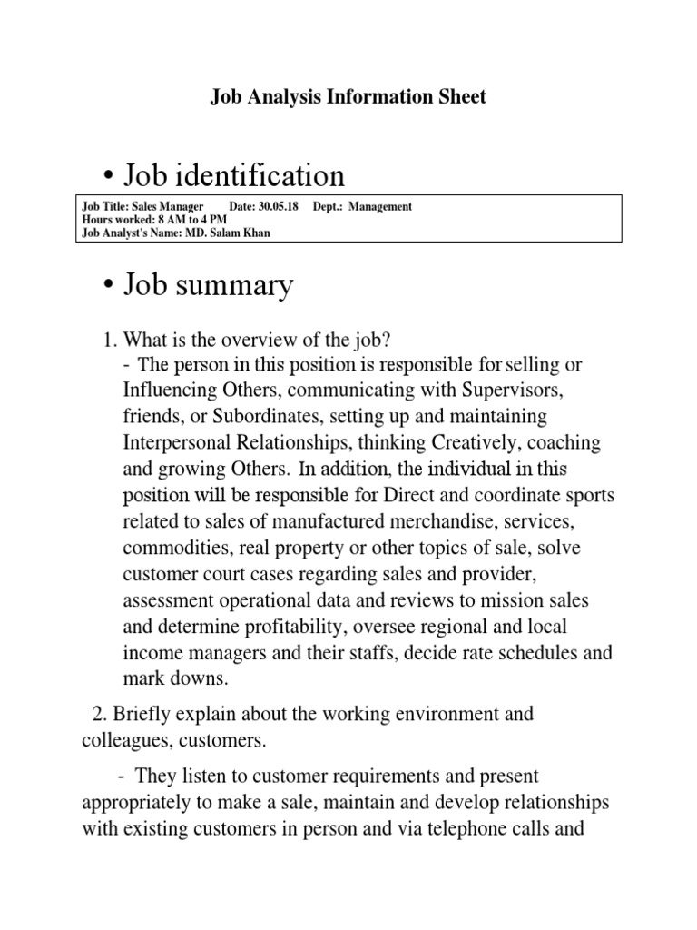 Job Identification - Job Summary: Job Analysis Information Sheet ...