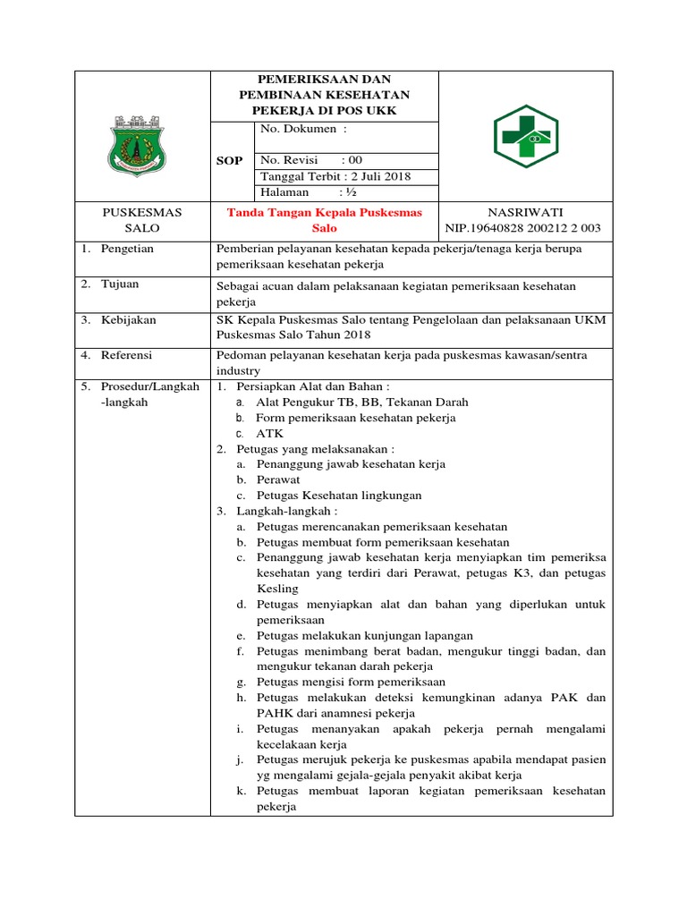 Sop Kesja Pemeriksaan Dan Pembinaan Kesehatan Pekerja Di Pos Ukk (Repaired) | PDF | Teknologi ...