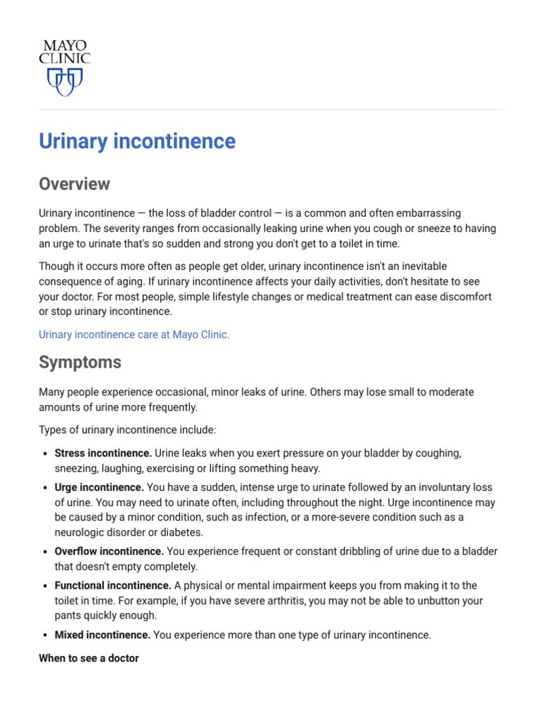 Urinary Incontinence Care at Mayo Clinic | PDF | Urinary Incontinence ...