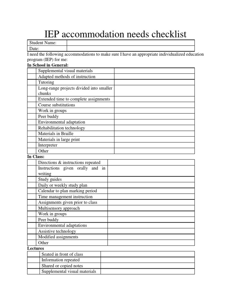 IEP Accommodations Needs Checklist | PDF | Individualized Education ...