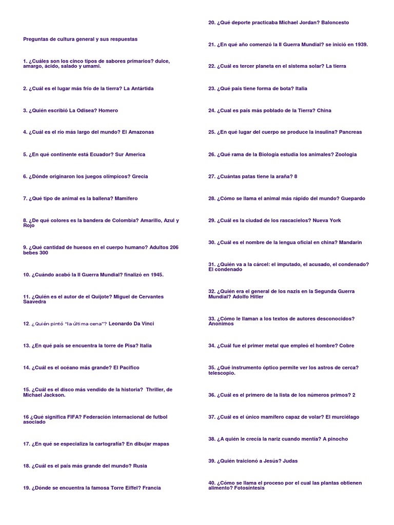 Preguntas de Cultura General y Sus Respuestas Sip Respuestas | PDF ...
