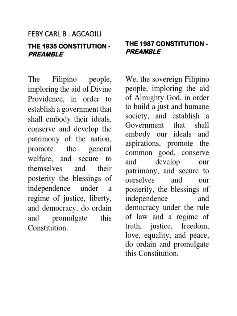 Preamble Preamble: The 1935 Constitution - The 1987 Constitution | PDF