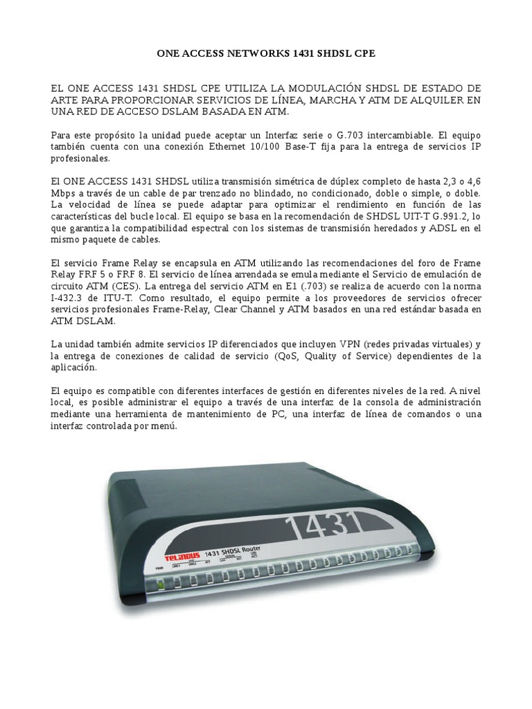 ONE ACCESS 1431 SHDSL CPE | PDF | Modo de Transferencia Asíncrona ...