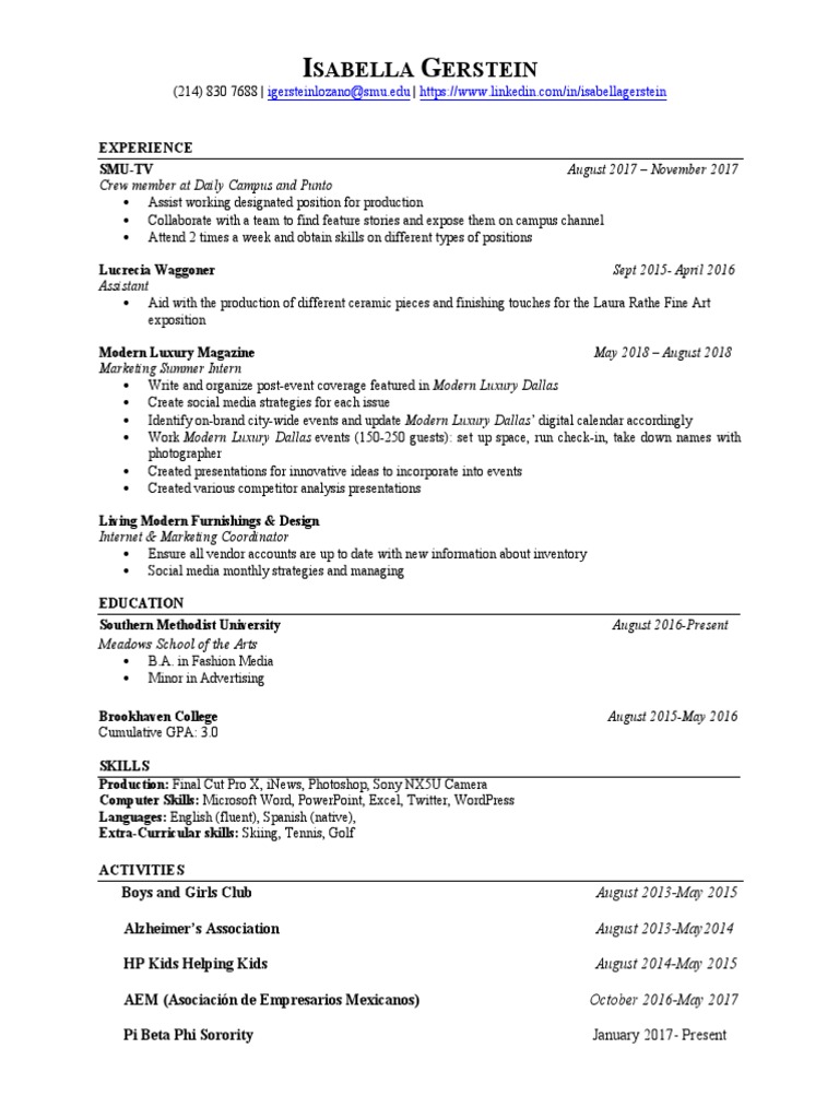 Isabella Gerstein Résumé | PDF | Communication | Business