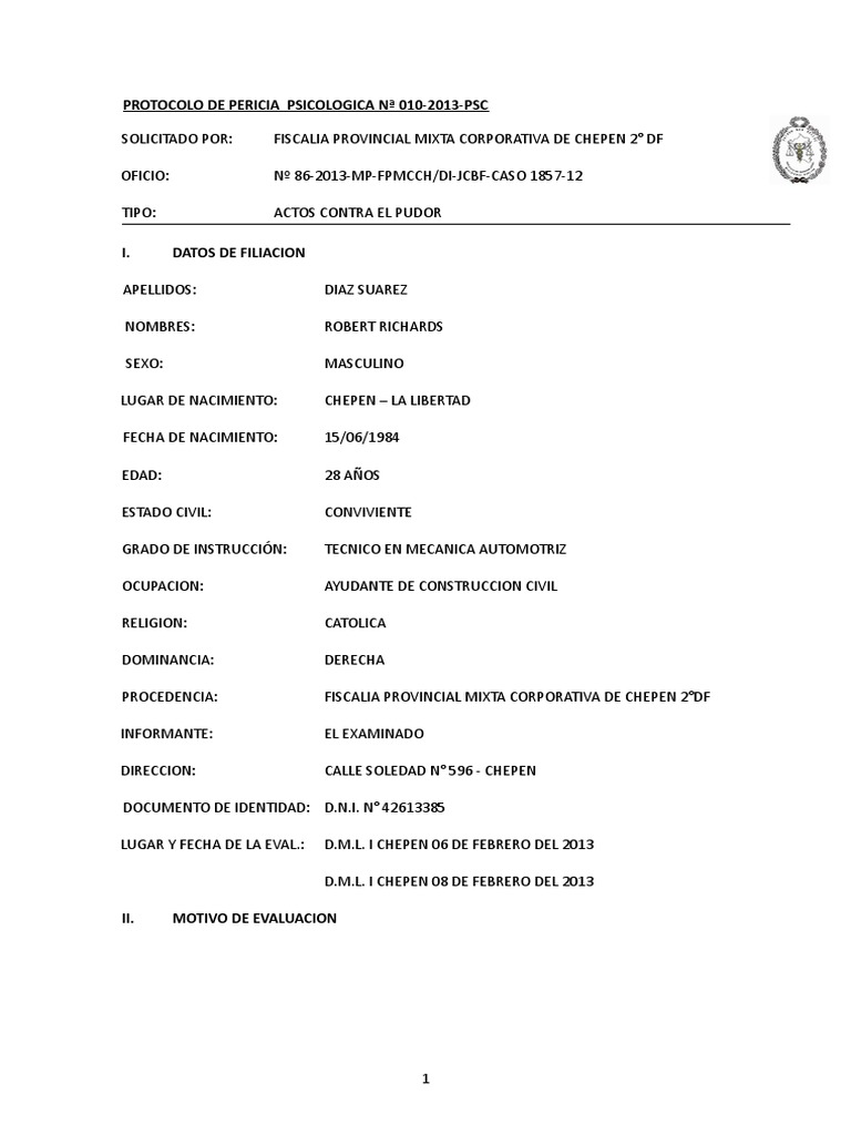 Protocolo de Pericia #10-2013 | PDF | Comportamiento | Ansiedad