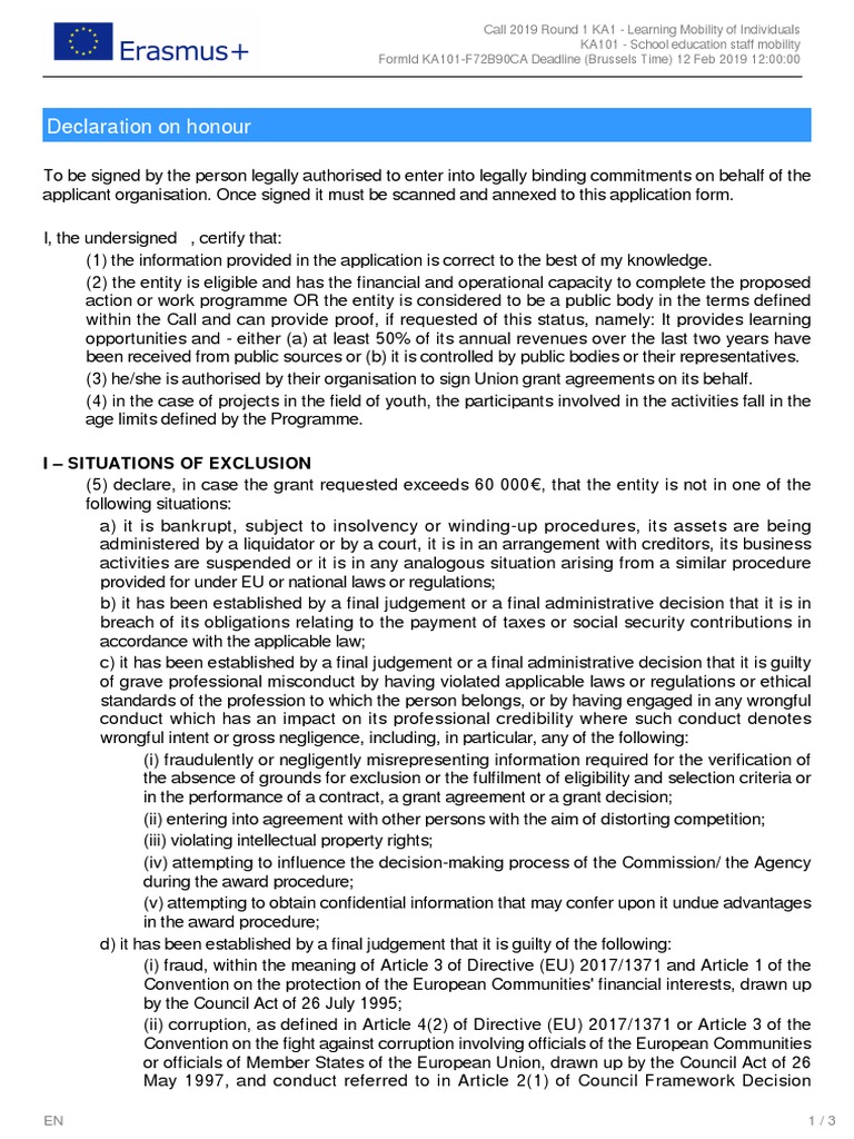 Declaration of Honour en | PDF | European Union | Bankruptcy