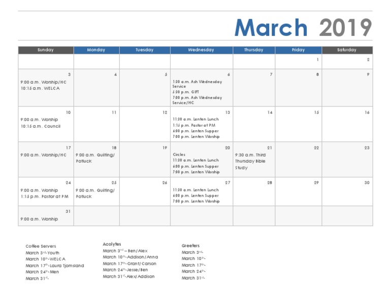 March Calendar 2019 | PDF | Lent | Religious Holidays
