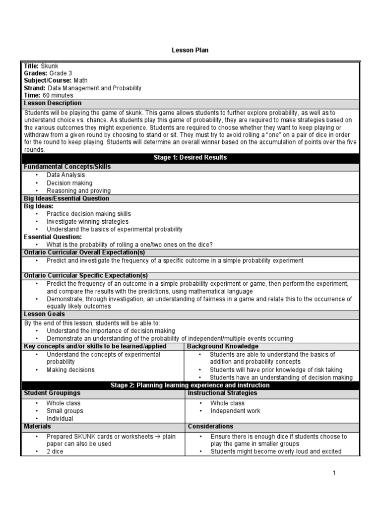 Skunk Game Lesson Plan | PDF | Probability | Experiment