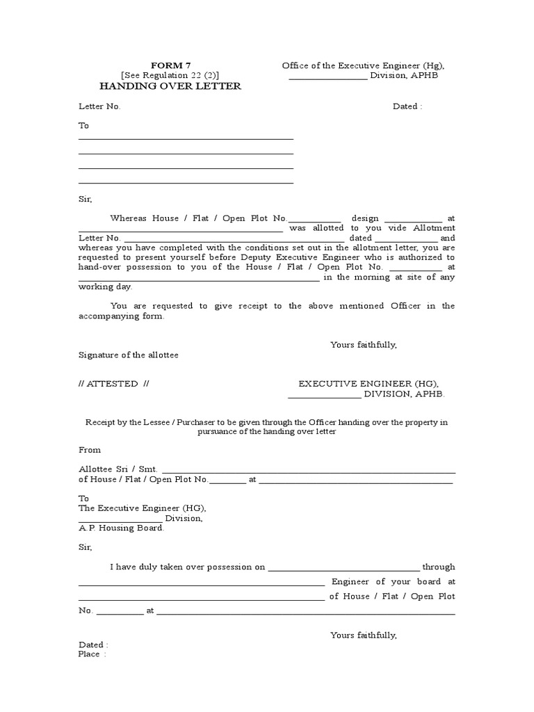 Handing Over Letter - Proforma | PDF | Property | Business