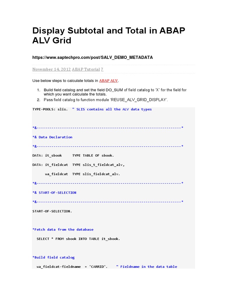 ABAP ALV Grid: Subtotals & Totals | PDF | Data Type | Metadata