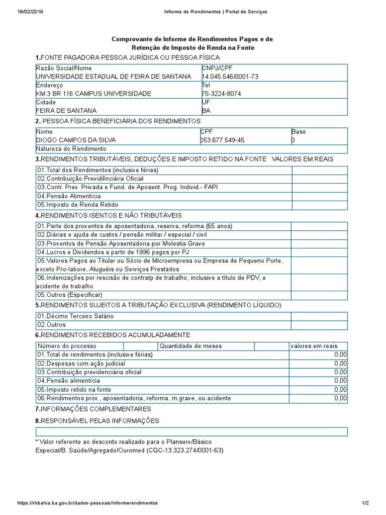Informe de Rendimentos _ Portal de Serviços | Renda | Imposto de Renda