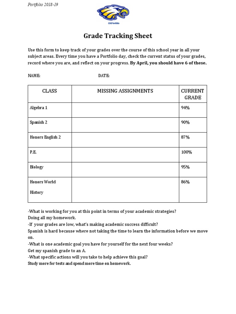 2018 Grade Tracking Sheet 4 | PDF