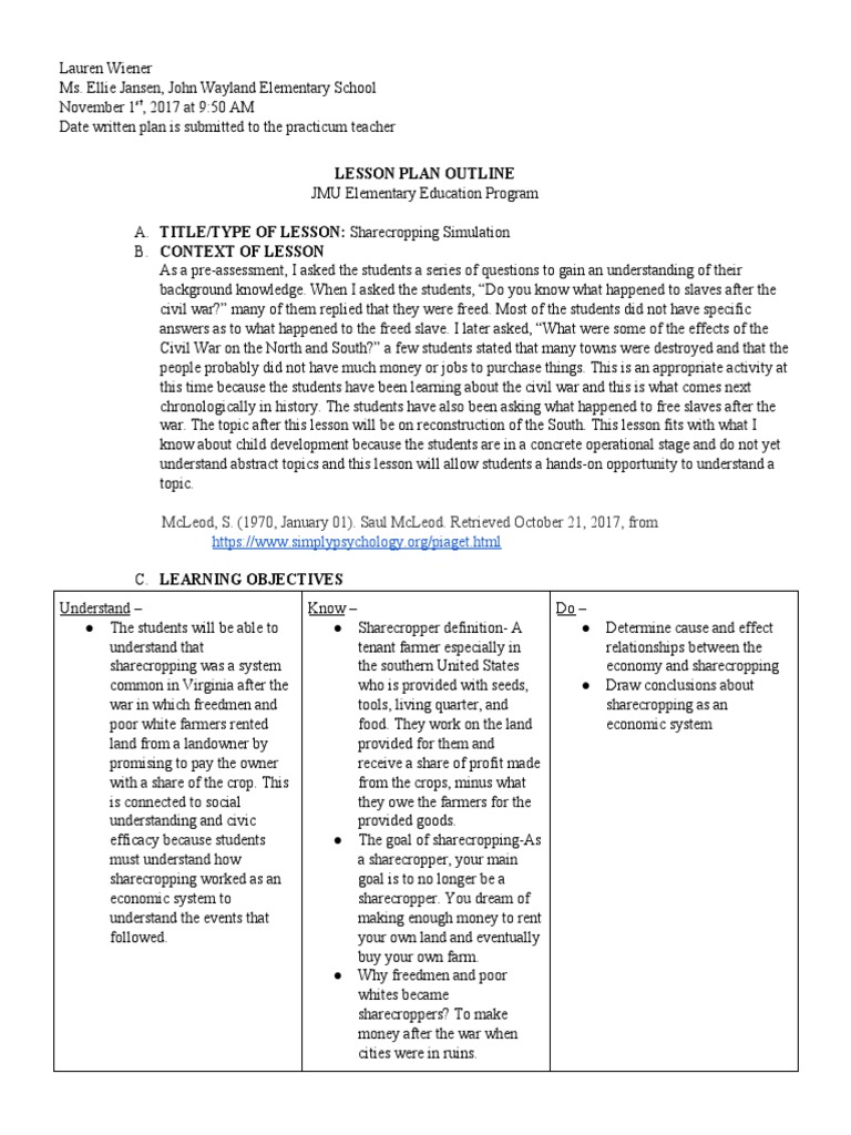 Final Sharecropping Lesson Plan With Reflection | PDF | Learning | Behavior Modification