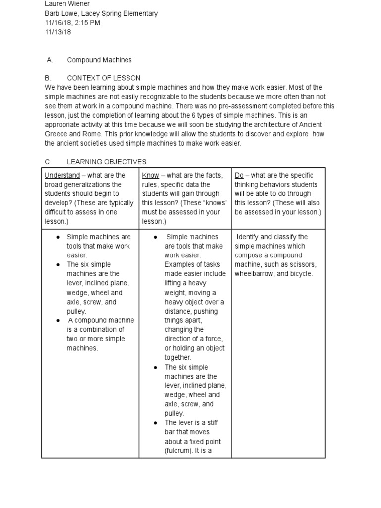 Compound Machine Lesson Plan - Observed | PDF | Machines | Question