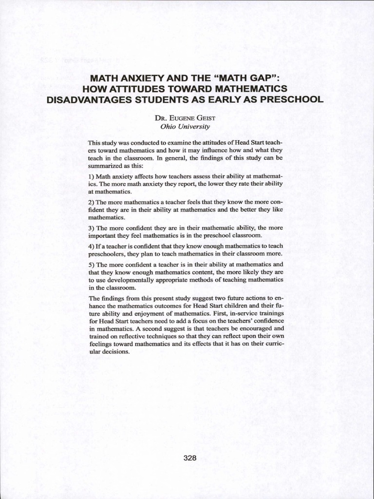 Math Anxiety The Math Gap | PDF | Teachers | Anxiety