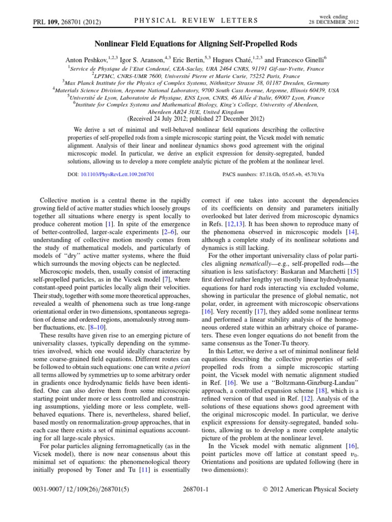 Nonlinear Field Equations For Aligning Self-Propelled Rods: Week Ending ...