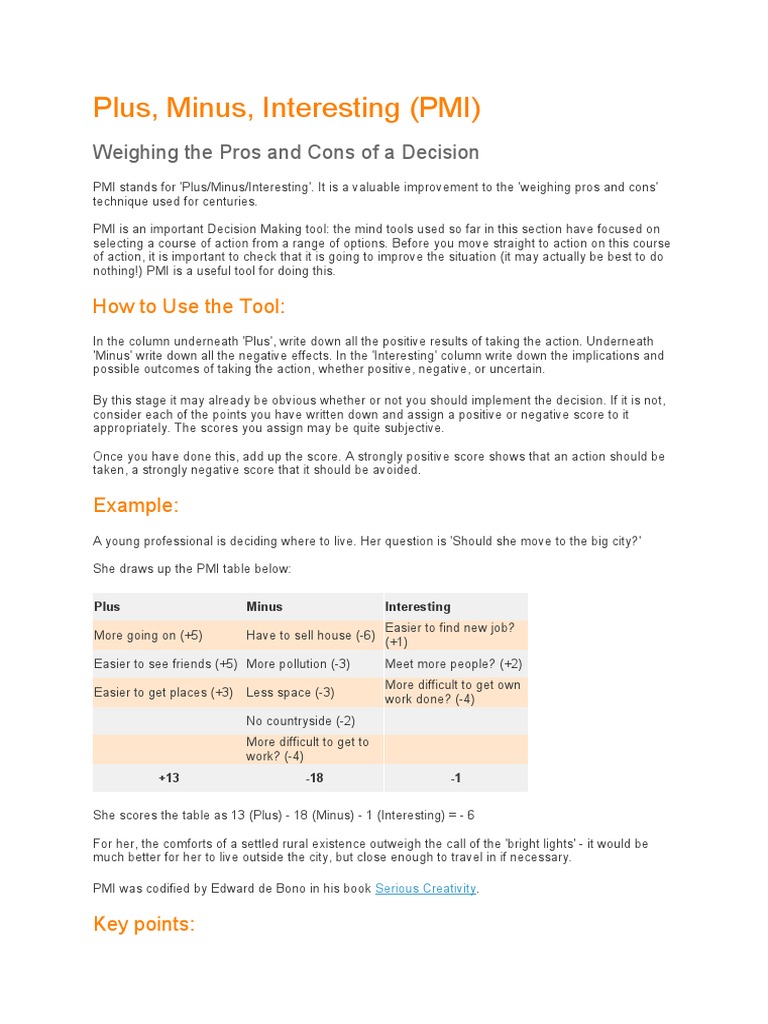 Plus, Minus, Interesting (PMI) : Weighing The Pros and Cons of A ...