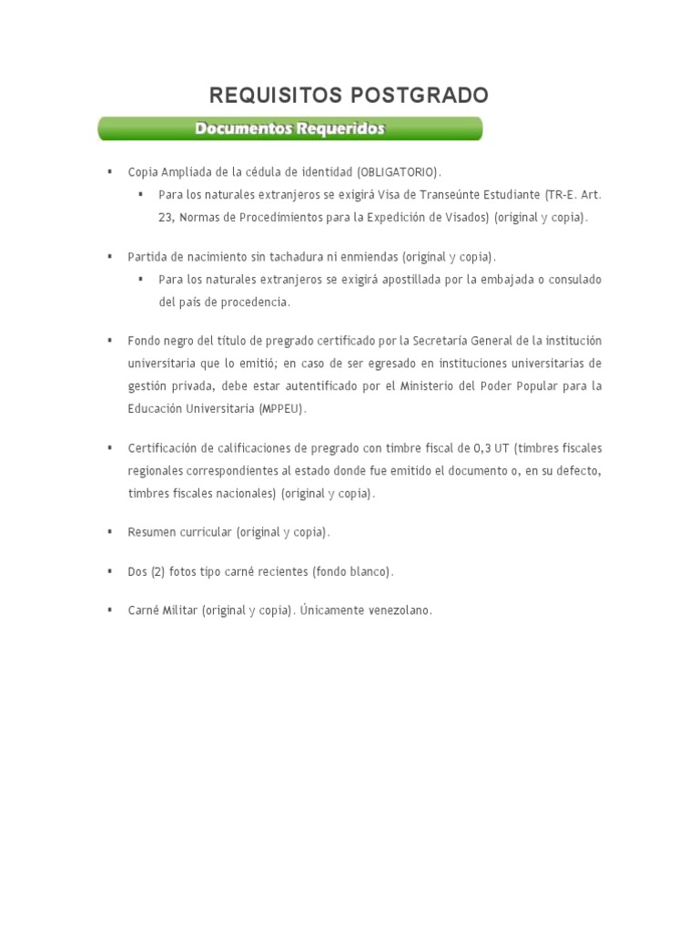 Requisitos Postgrado Universidad Yacambu | PDF