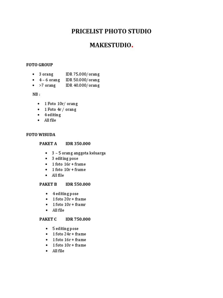 Pricelist Photo Studio | PDF