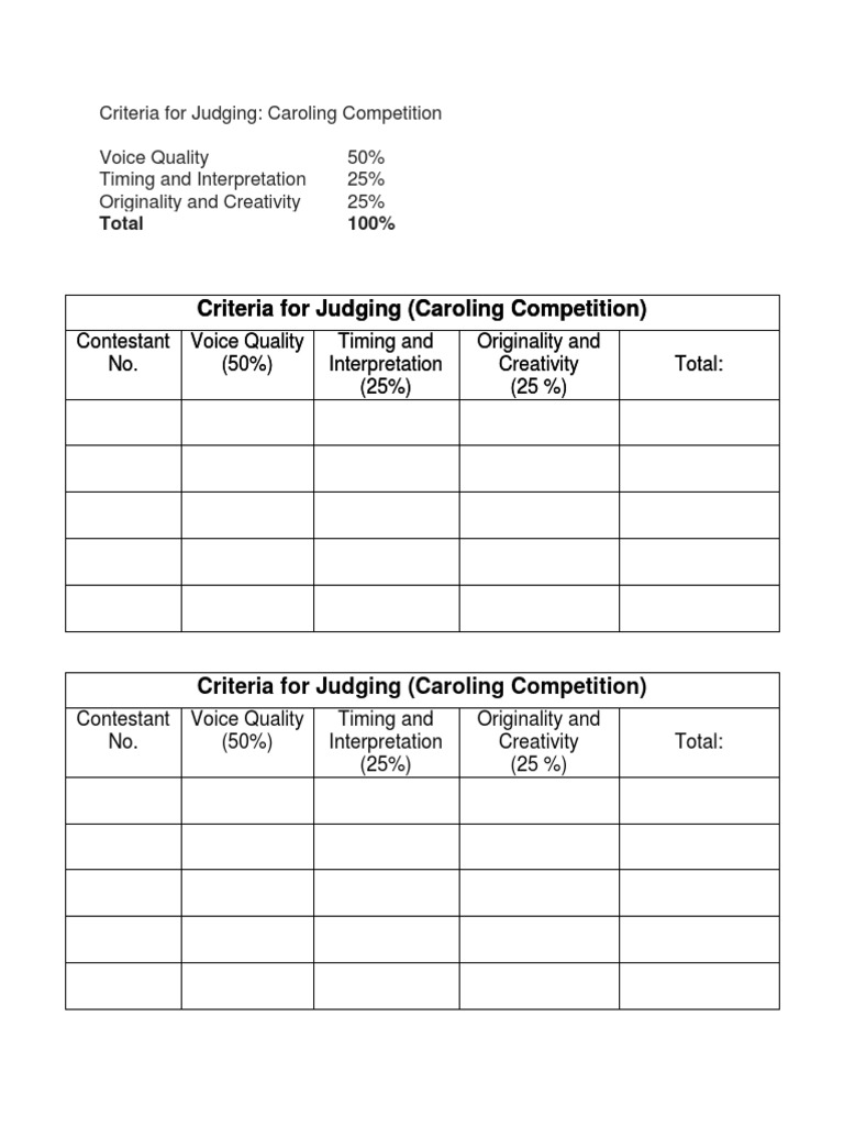 Criteria For Judging (Caroling Competition) Criteria For Judging ...
